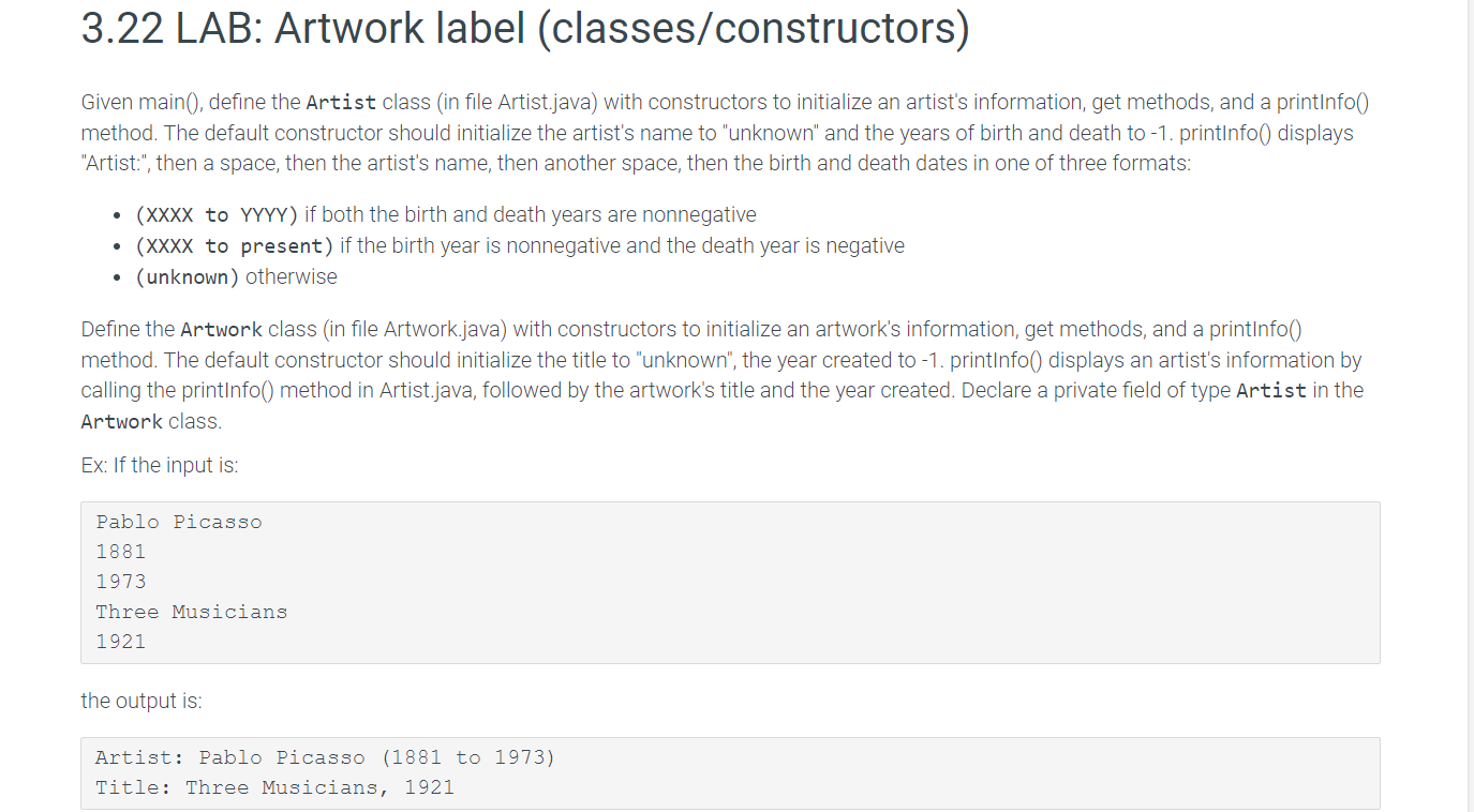 Solved Given main(), define the Artist class (in file | Chegg.com