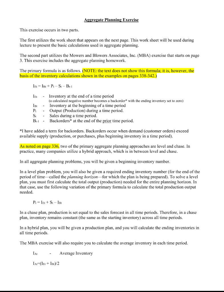 Aggregate Planning Exercise This exercise occurs in | Chegg.com