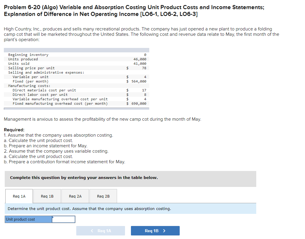 Solved Problem 6-20 (Algo) Variable and Absorption Costing | Chegg.com