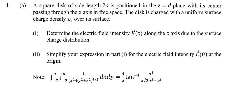 Solved (a) A square disk of side length 2a is positioned in | Chegg.com
