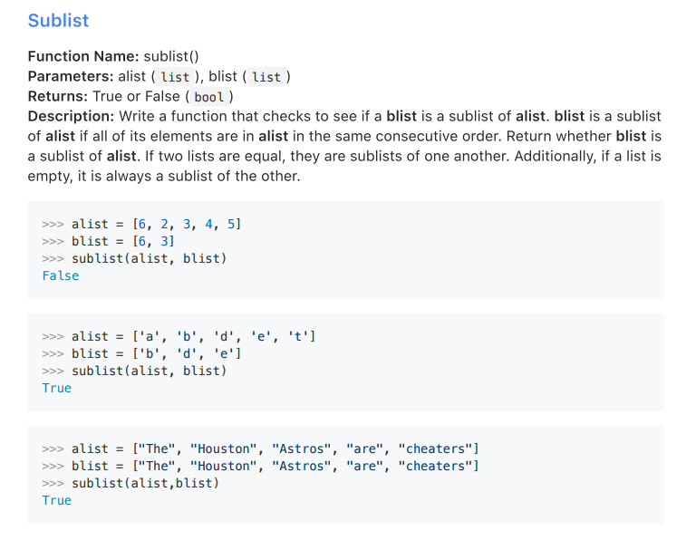 Solved Sublist Function Name: sublist() Parameters: alist ( | Chegg.com