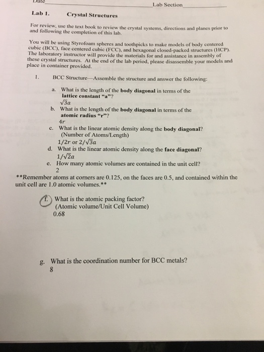 Solved Lab Section Lab 1. Crystal Structures For review, use | Chegg.com