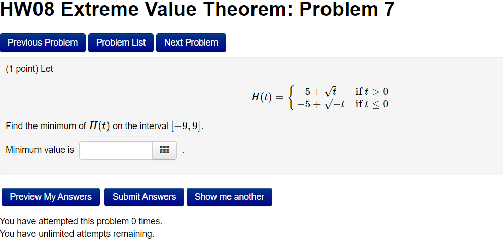 Solved HW08 Extreme Value Theorem: Problem 7 (1 point) Let | Chegg.com