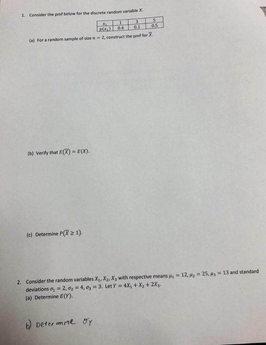 Solved 1. Consider the pmf below for the discrete random | Chegg.com