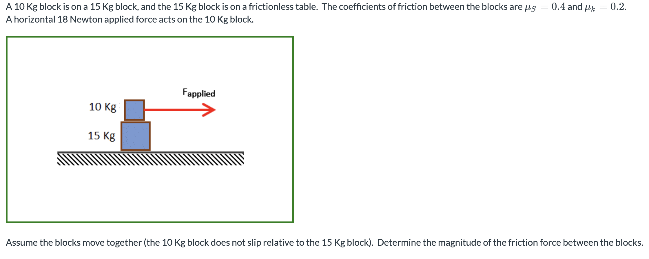 Solved A 10Kg block is on a 15Kg block, and the 15Kg block | Chegg.com