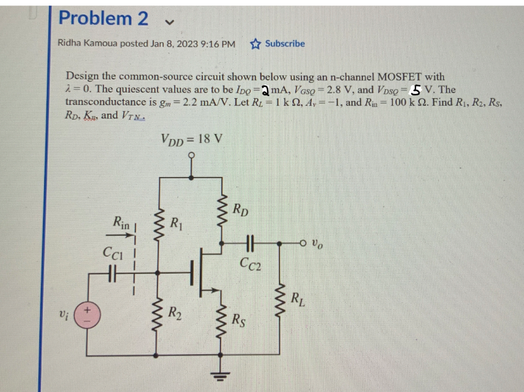 Solved Design the common-source circuit shown below using an | Chegg.com