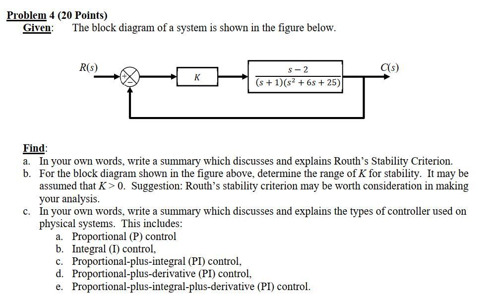 Solved Problem 4 (20 Points) Given: The block diagram of a | Chegg.com