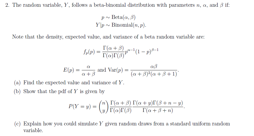 Solved 2. The random variable, Y, follows a beta-binomial | Chegg.com