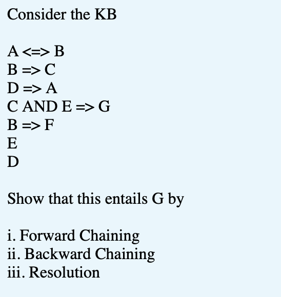 Solved Consider the KB A B B => C D=> A C AND E =>G B => | Chegg.com