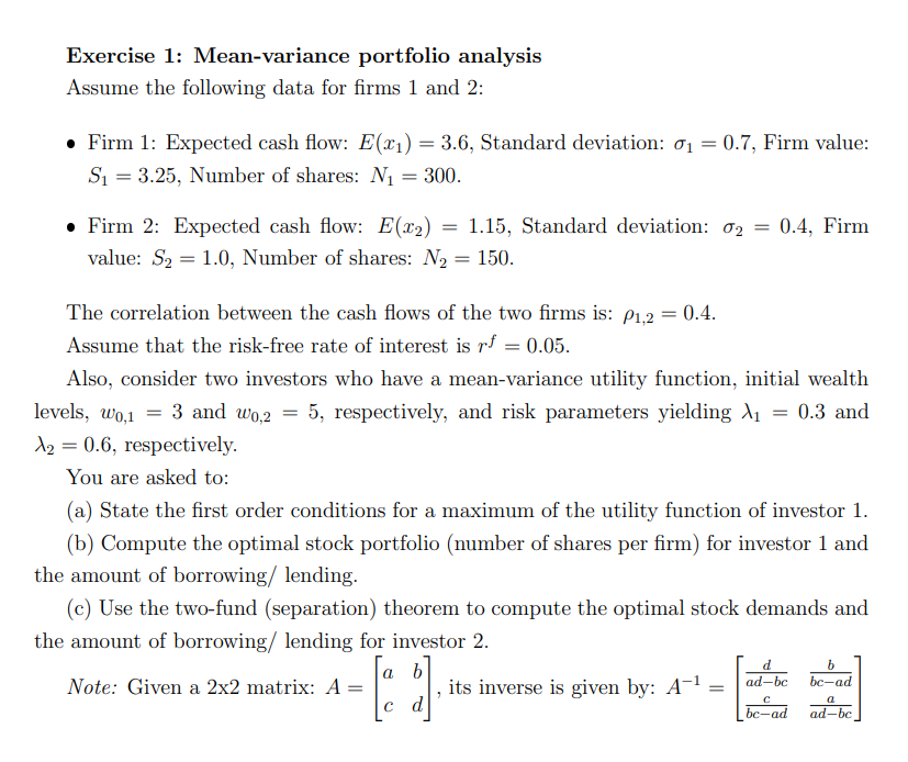 Exercise 1: Mean-variance portfolio analysis Assume | Chegg.com