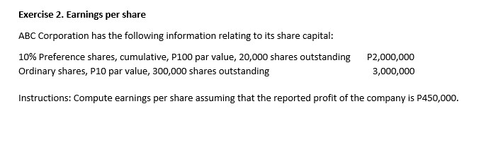 Solved Exercise 2. Earnings per share ABC Corporation has | Chegg.com