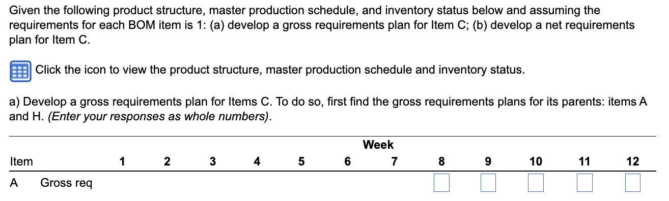 Solved Given the following product structure, master | Chegg.com