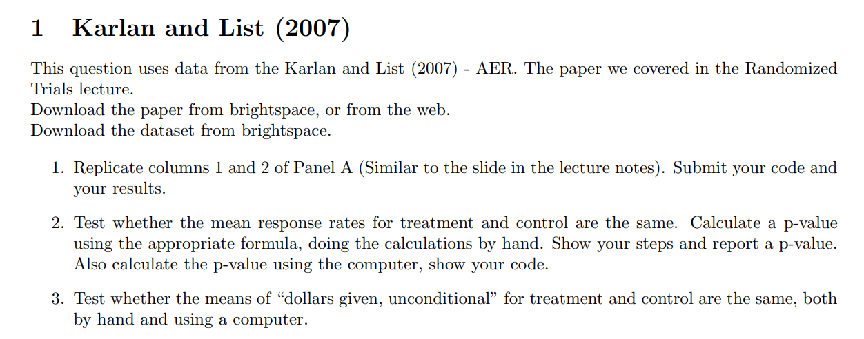 Solved 1 Karlan and List (2007) This question uses data from | Chegg.com
