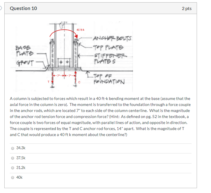 Solved Question 10 2 pts 40 ft-k BASE PLATE GROVT - ANCHOR | Chegg.com