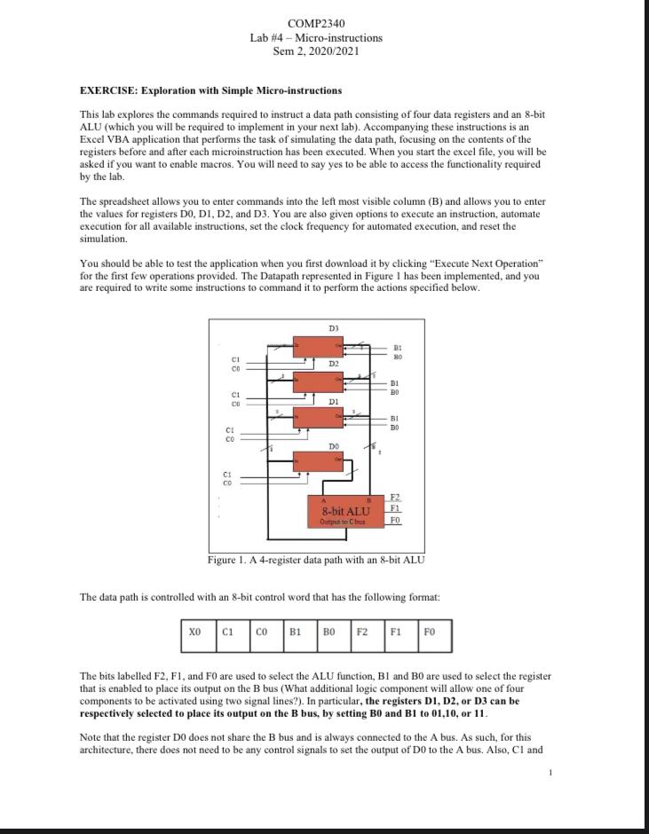 COMP2340 Lab #4 - Micro-instructions Sem 2, 2020/2021 | Chegg.com