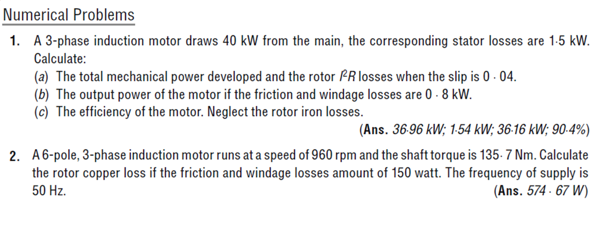 Solved Numerical ProblemsA 3-phase induction motor draws | Chegg.com