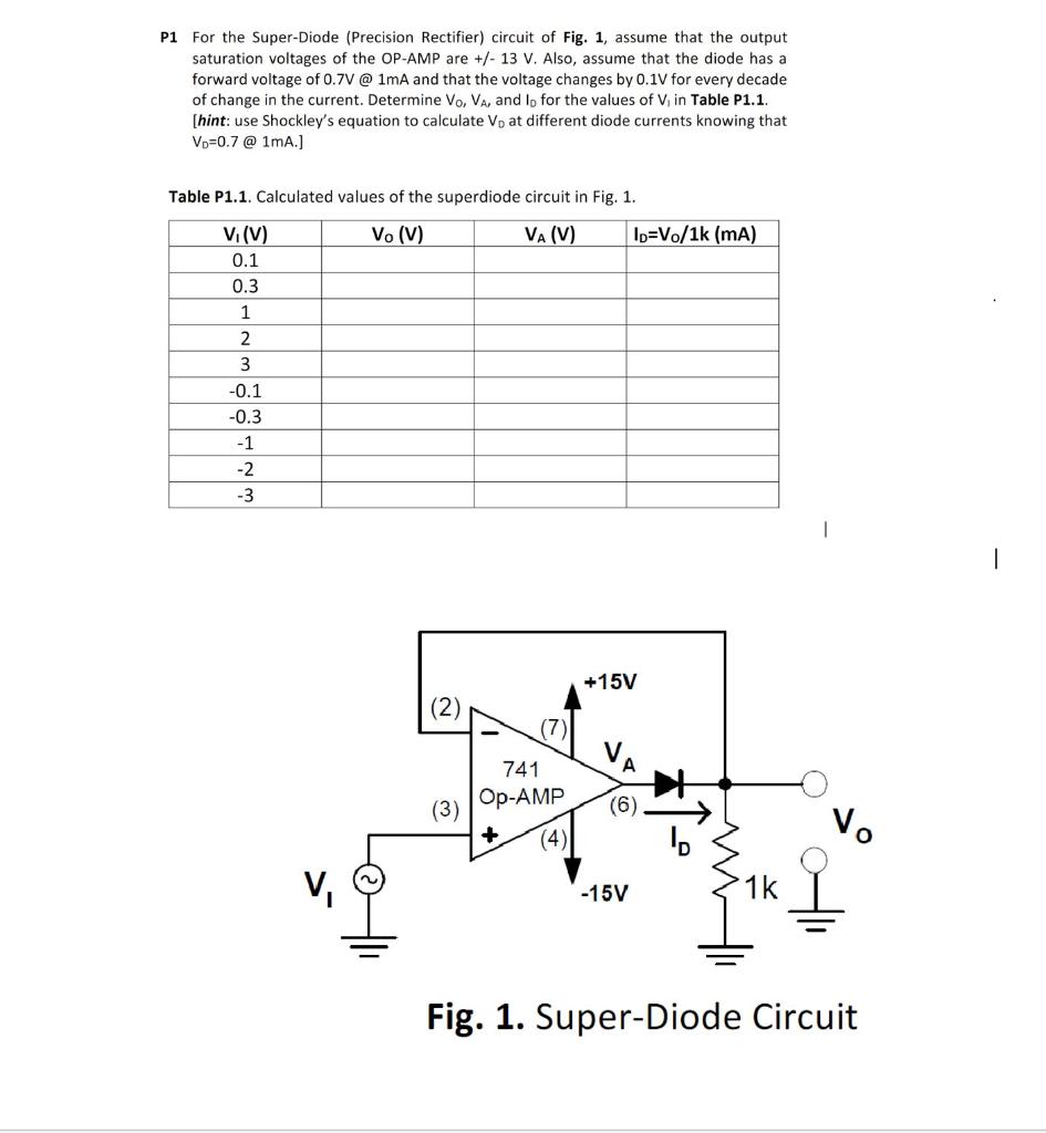 Solved P1 For the Super-Diode (Precision Rectifier) circuit | Chegg.com