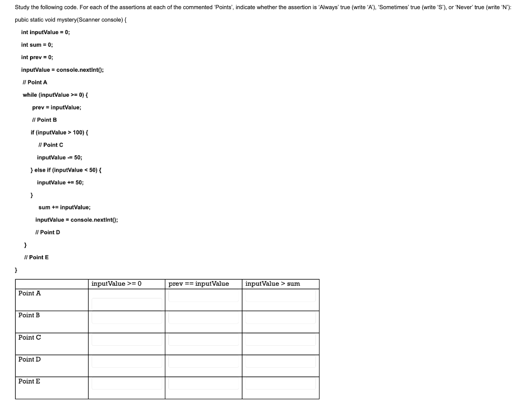 Solved Study the following code. For each of the assertions | Chegg.com