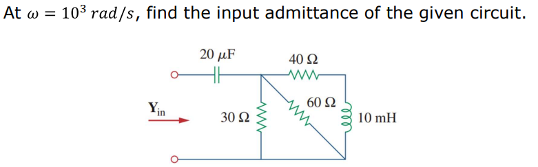 Solved 103 rad/s, find the input admittance of the given | Chegg.com