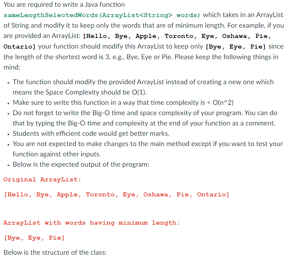 Solved sameLengthSelectedWords (ArrayList words) which takes | Chegg.com