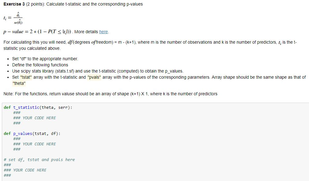 Exercise 3 (2 points): Calculate t-statisic and the | Chegg.com