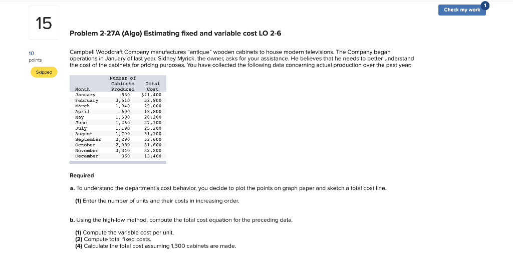 Solved Problem 2-27A (Algo) Estimating fixed and variable | Chegg.com