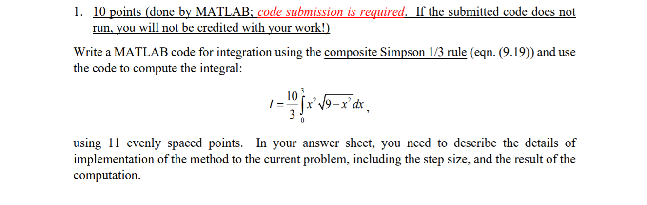 Solved 1 10 Points Done By Matlab Code Submission Is 1336