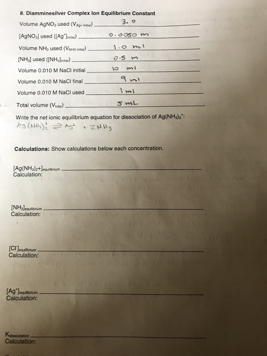 Solved 8. Diamminesilver Complex lon Equilibrium Constant | Chegg.com