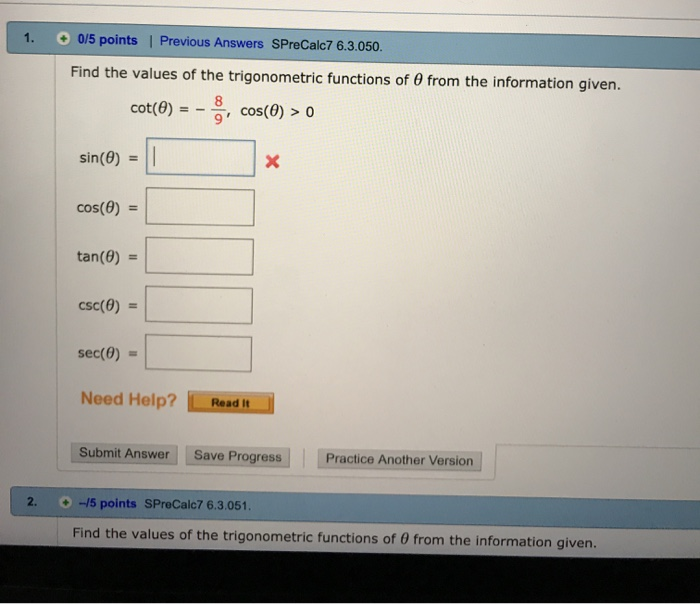 Solved 1. 0/5 points | Previous Answers SPreCalc7 6.3.050. | Chegg.com