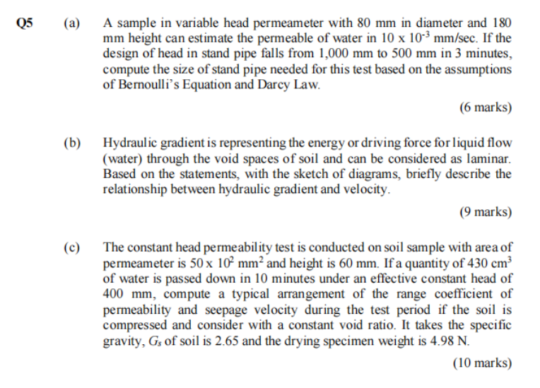 Solved Q5 (a) A sample in variable head permeameter with 80 | Chegg.com