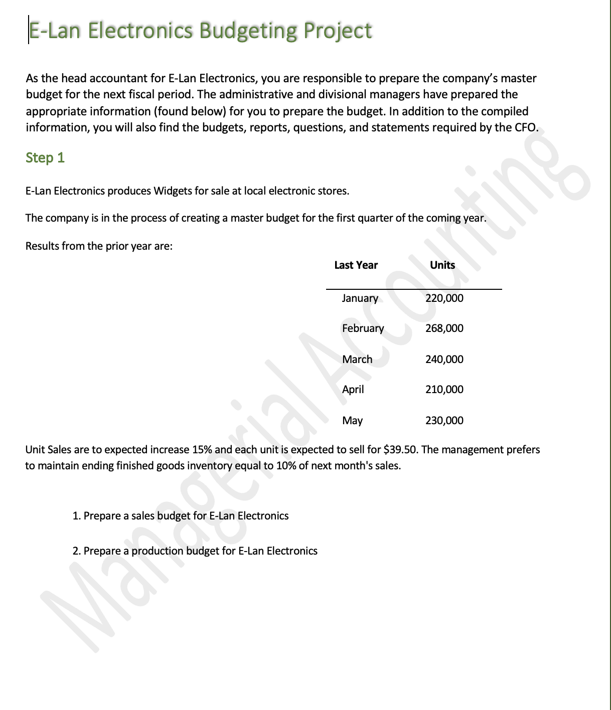 Solved E-Lan Electronics Budgeting Project As the head | Chegg.com