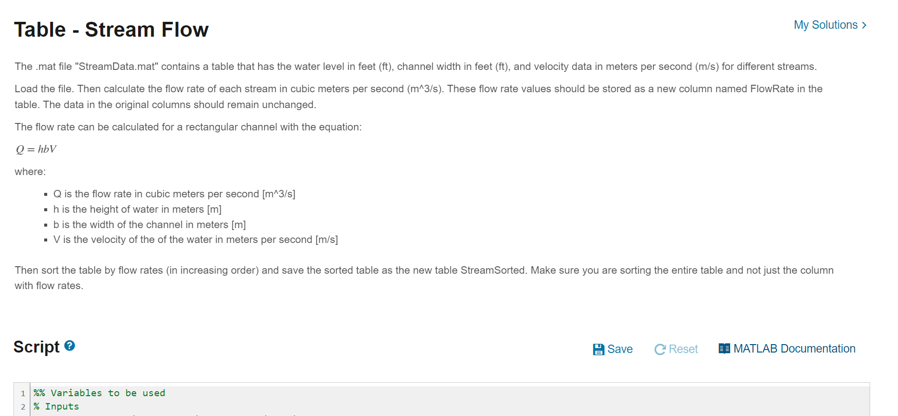 Solved Table - ﻿Stream FlowThe .mat file "StreamData.mat" | Chegg.com
