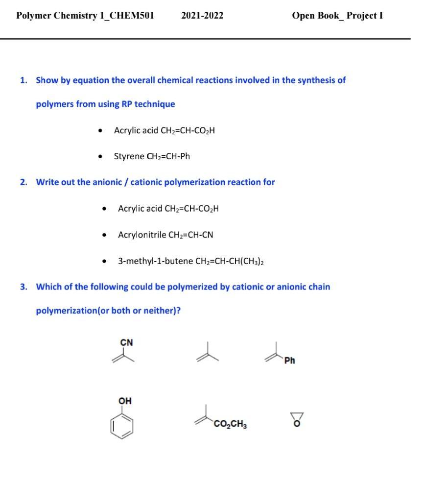 Polymer Chemistry 1_CHEM501 2021-2022 Open | Chegg.com