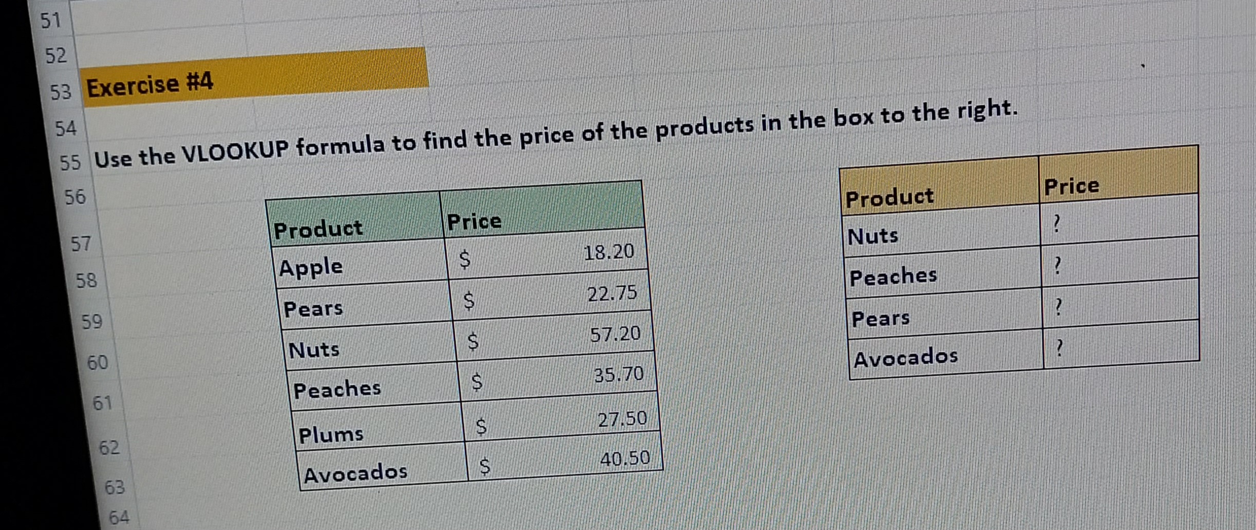 Solved Use the VLOOKUP formula to find the price of the | Chegg.com