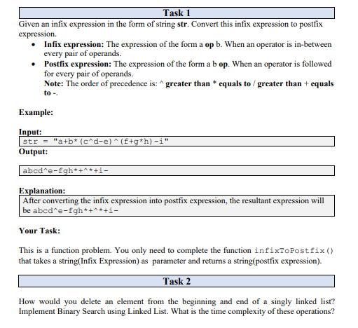 Task 1 Given an infix expression in the form of | Chegg.com