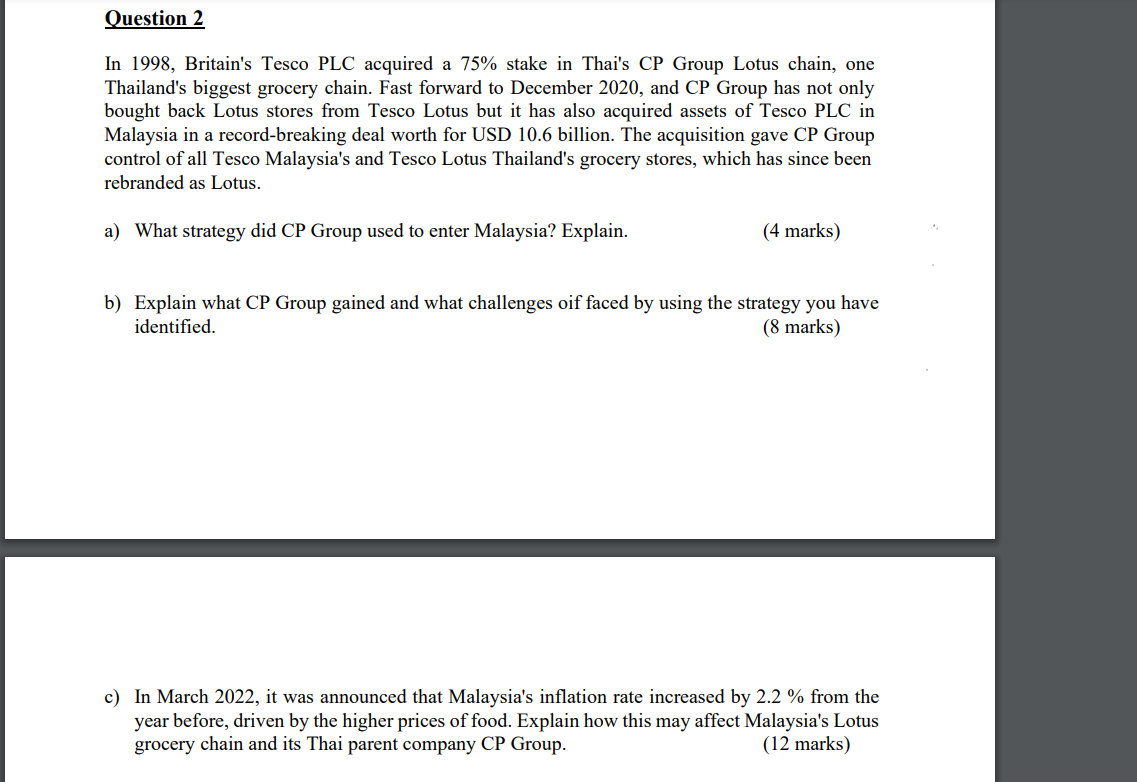 Solved Question 2 In 1998, Britain's Tesco PLC acquired a | Chegg.com