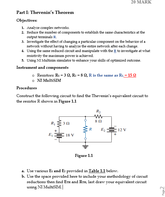 Solved Part I: Thevenin's TheoremObjectives:1. ﻿Analyze | Chegg.com