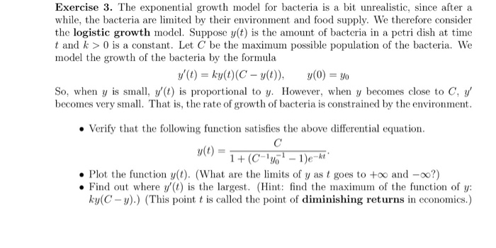 Solved Exercise 3. The exponential growth model for bacteria | Chegg.com