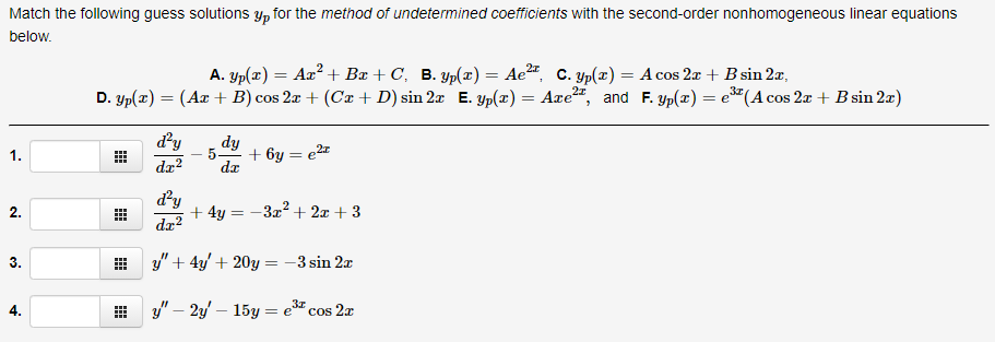 Solved Match the following guess solutions yp for the method | Chegg.com
