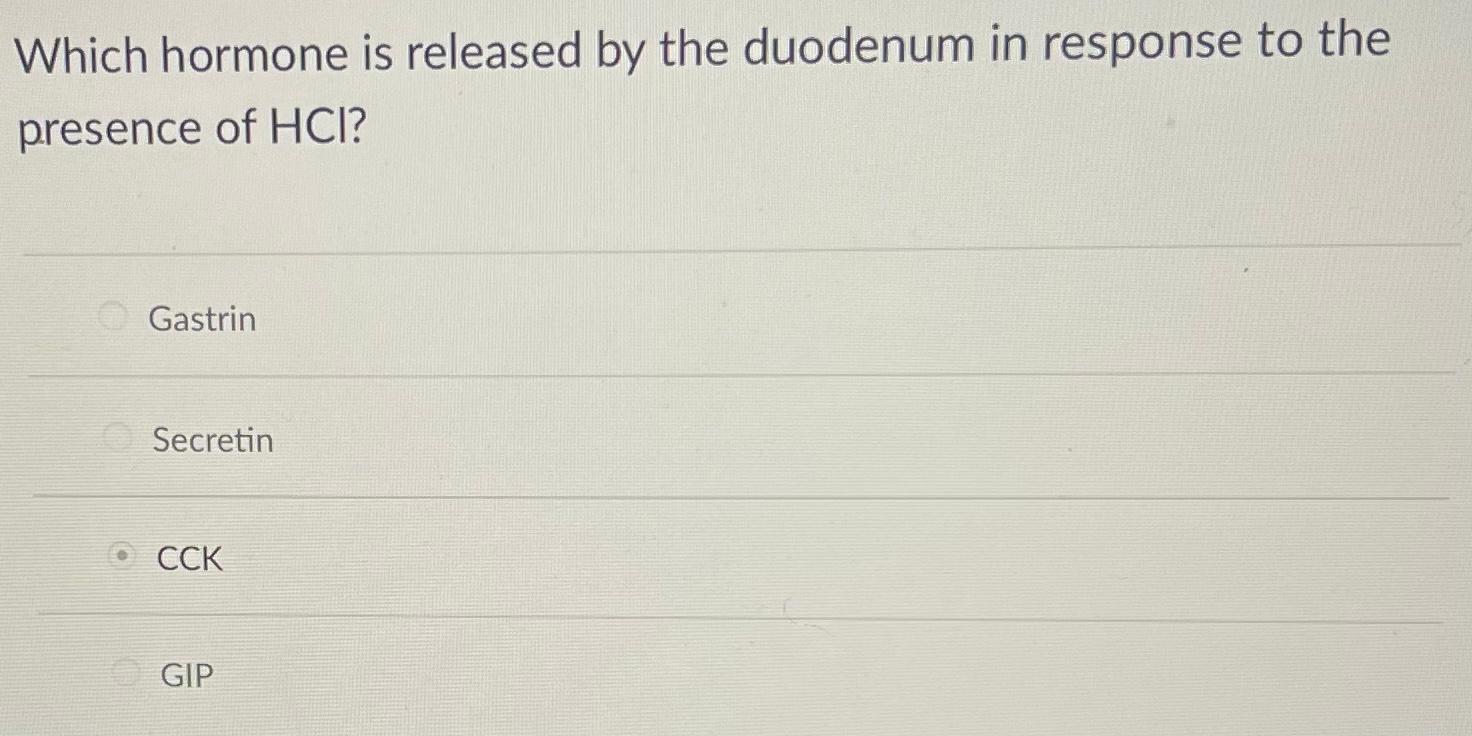 Solved Which hormone is released by the duodenum in response | Chegg.com