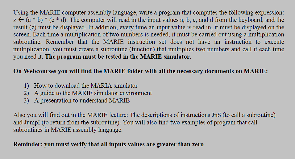 Solved * Using the MARIE computer assembly language, write a | Chegg.com