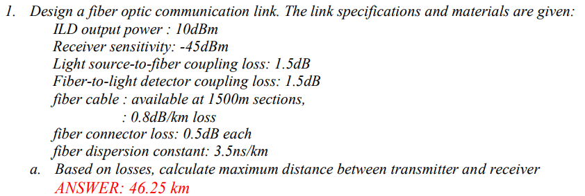 1. Design a fiber optic communication link. The link | Chegg.com
