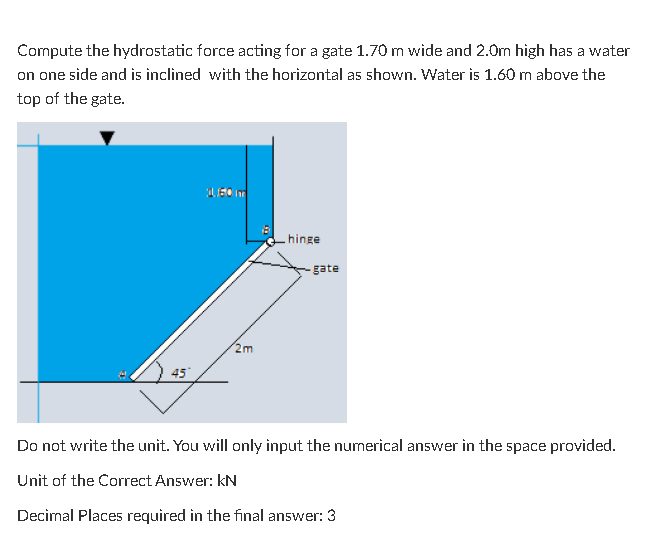 Solved Compute the hydrostatic force acting for a gate 1.70 | Chegg.com