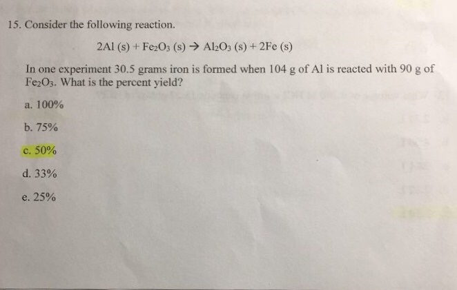 Solved 15 Consider The Following Reaction 2al S Fe2o3