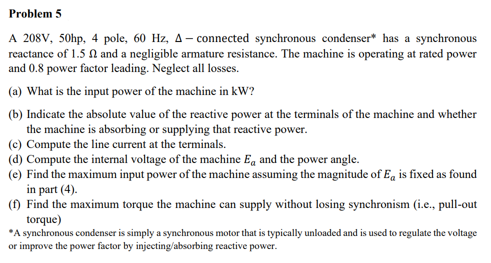 Solved A 208 V,50hp,4 pole, 60 Hz,Δ - connected synchronous | Chegg.com