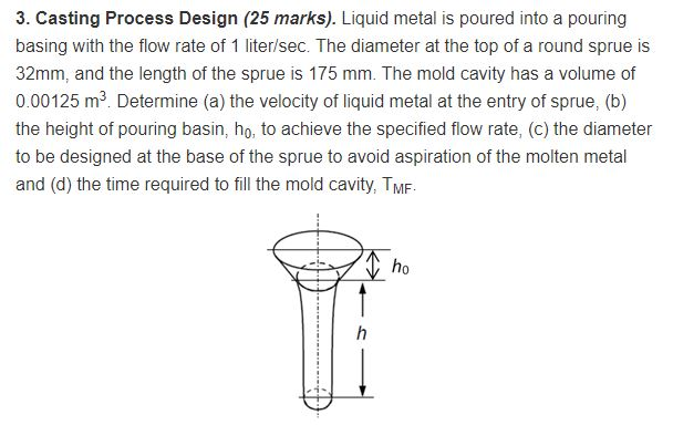 Solved 3. Casting Process Design (25 marks). Liquid metal is | Chegg.com