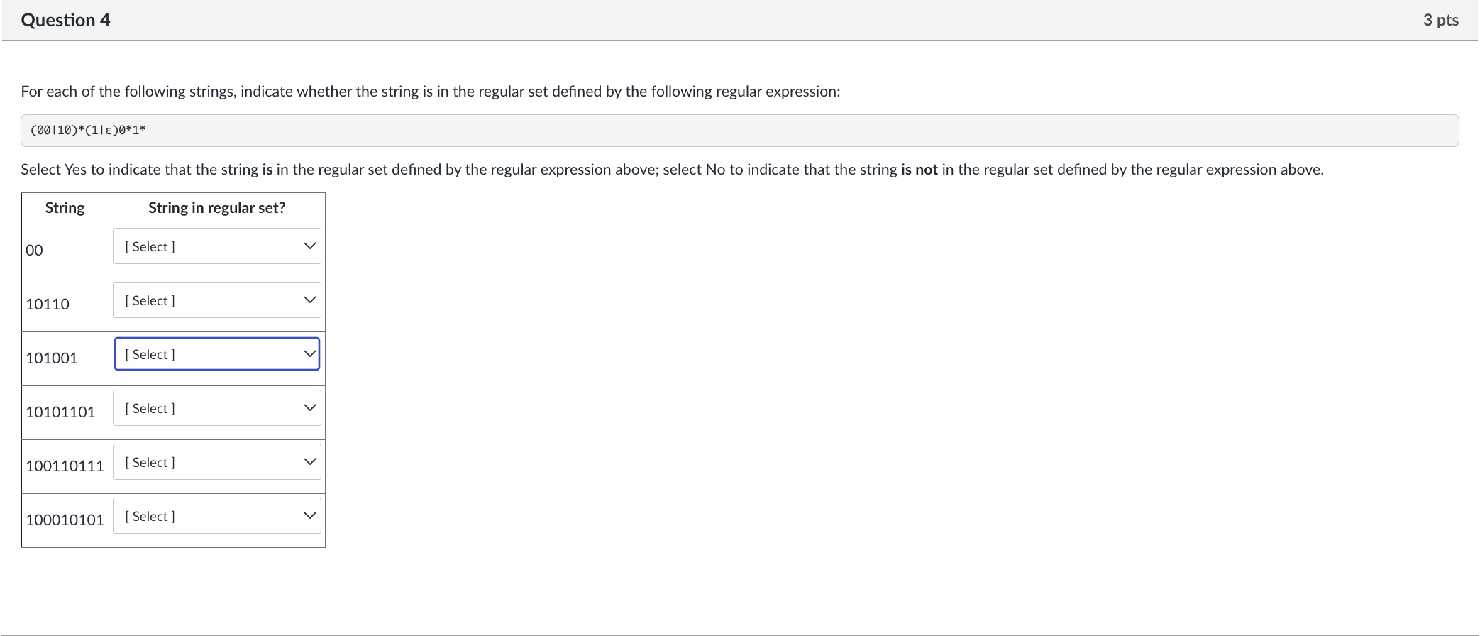 Solved Question 4 3 pts For each of the following strings, | Chegg.com