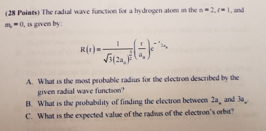 Solved (28 Points) The radial wave function fr a hydrogen | Chegg.com