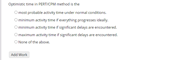 Solved Optimistic time in PERT/CPM method is the O most | Chegg.com