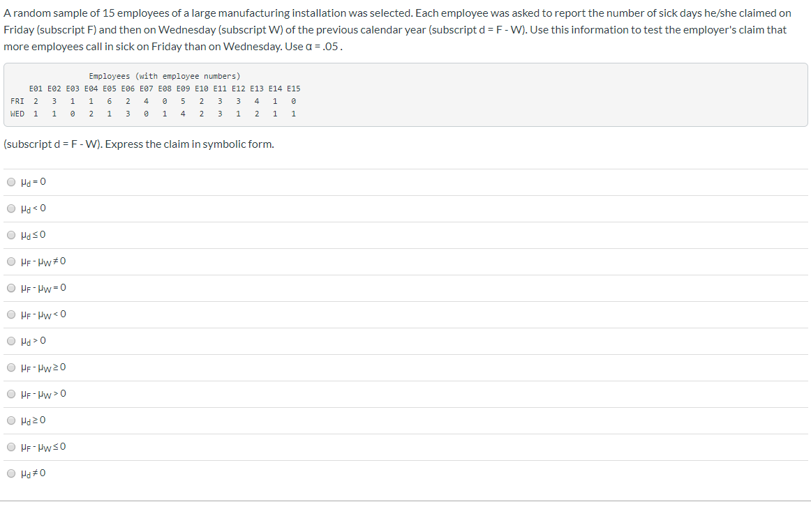 Solved A random sample of 15 employees of a large | Chegg.com